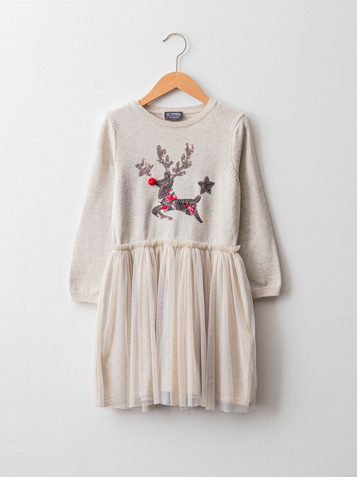 Bisiklet Yaka Desenli Uzun Kollu Tül Detaylı Kız Çocuk İnce Triko Elbise