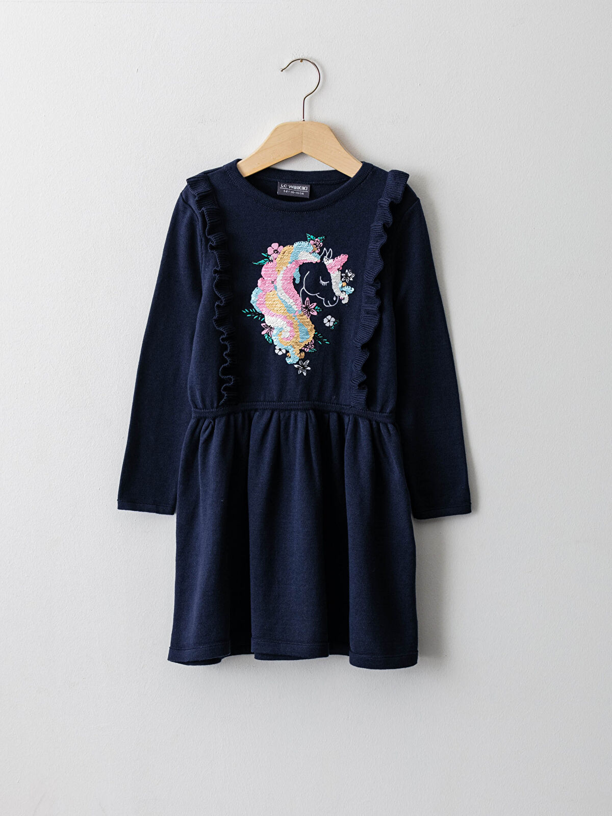 Bisiklet Yaka Pul İşlemeli Uzun Kollu Kız Çocuk İnce Triko Elbise