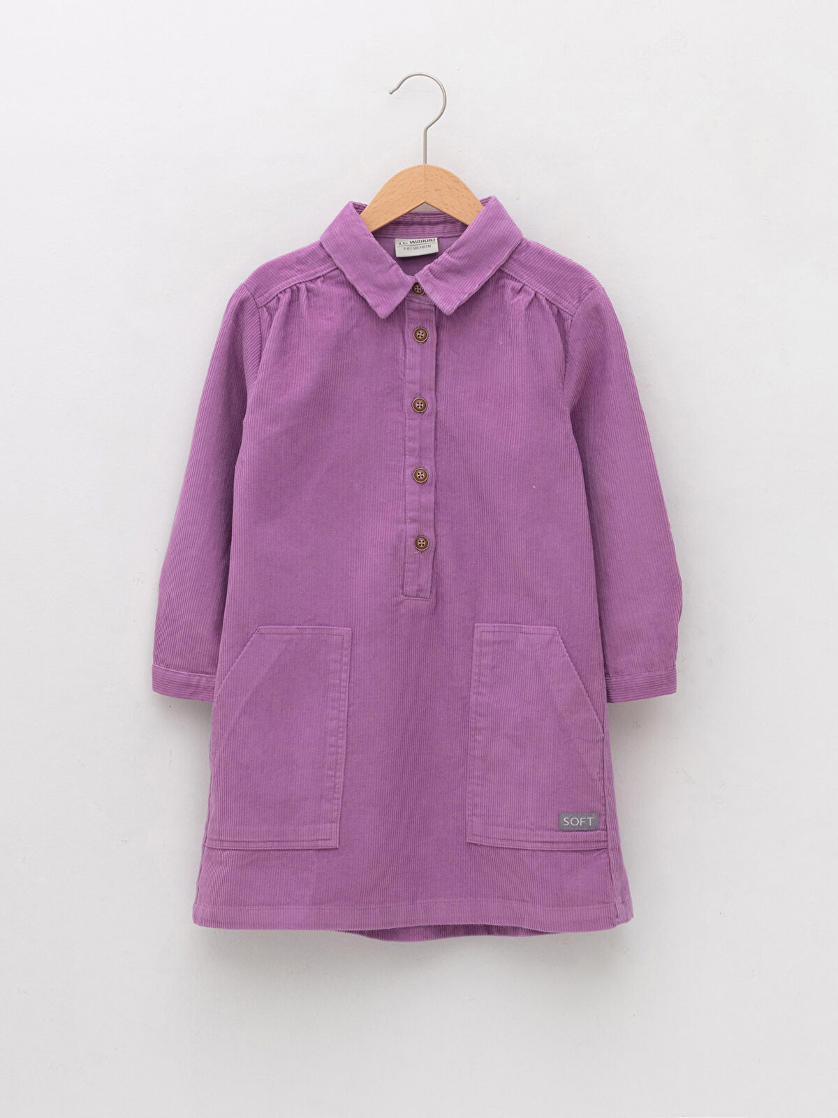 Gömlek Yaka Basic Uzun Kollu Kadife Kız Çocuk Elbise