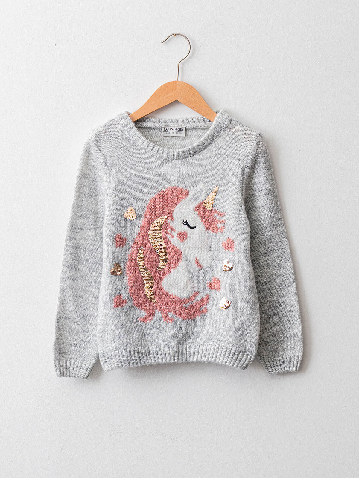 Bisiklet Yaka Desenli Pul İşlemeli Uzun Kollu Kız Çocuk Kalın Triko Kazak