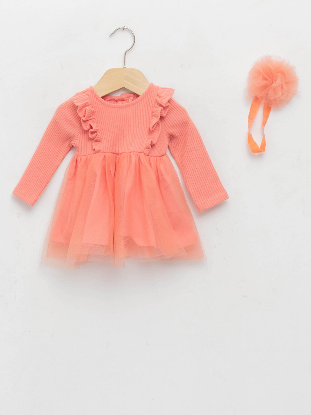 Bisiklet Yaka Uzun Kollu Basic Tül Etekli Kız Bebek Elbise ve Saç Bandı 2'li Takım