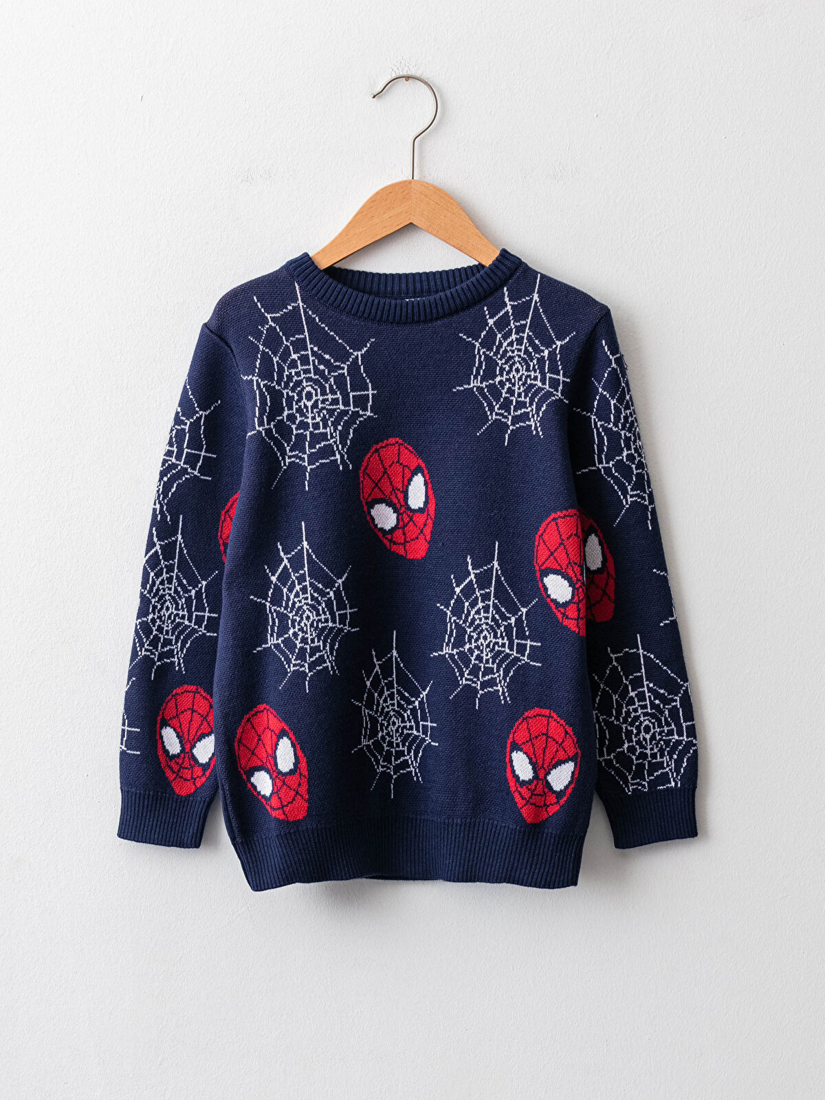 Bisiklet Yaka Spiderman Desenli Uzun Kollu Erkek Çocuk İnce Triko Kazak