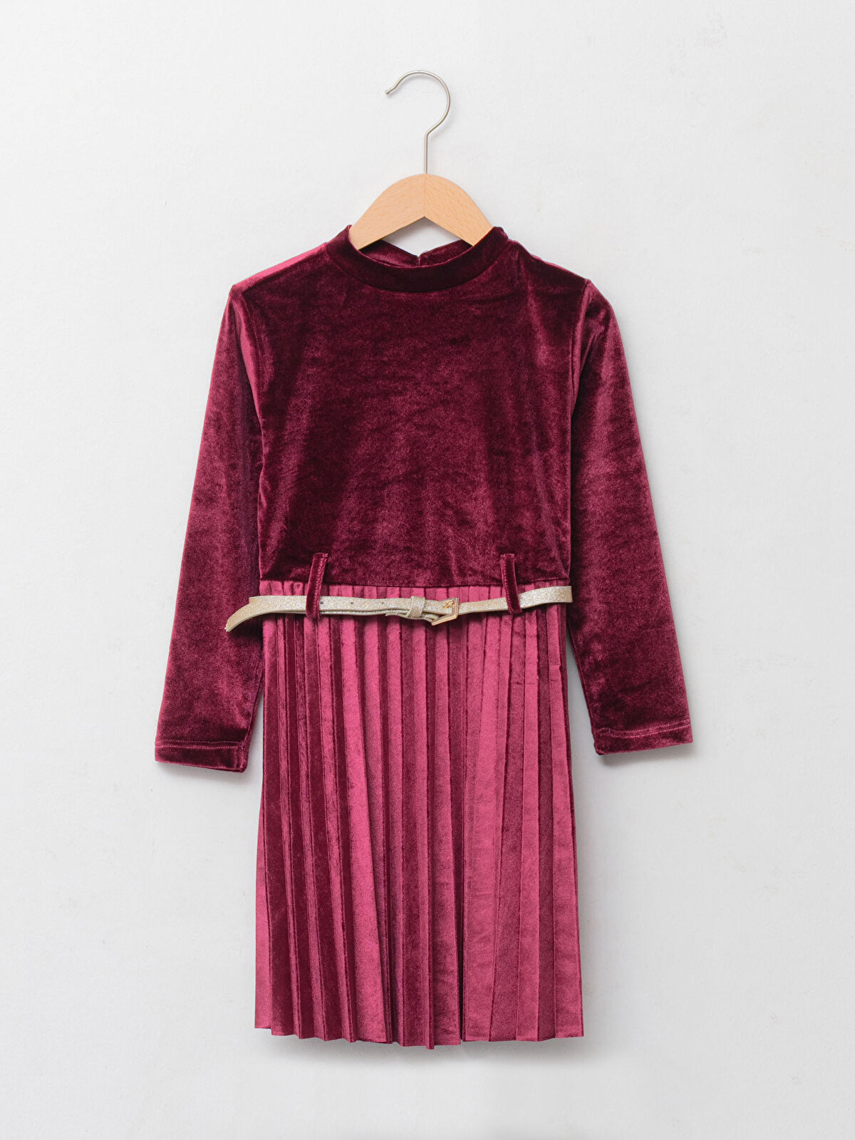 Dik Yaka Basic Uzun Kollu Kadife Kız Çocuk Pileli Elbise ve Kemer Dik Yaka Basic Uzun Kollu Kadife Kız Çocuk Pileli Elbise ve Kemer