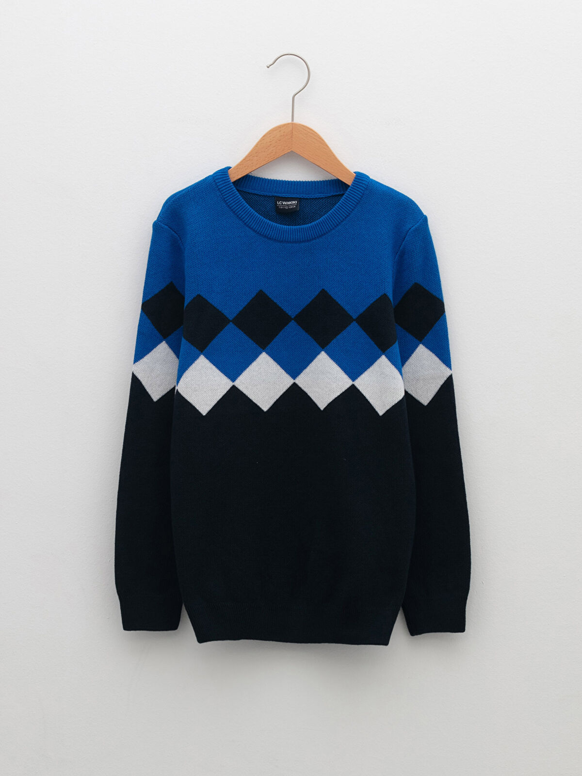 Bisiklet Yaka Baklava Desenli Uzun Kollu Erkek Çocuk İnce Triko Kazak