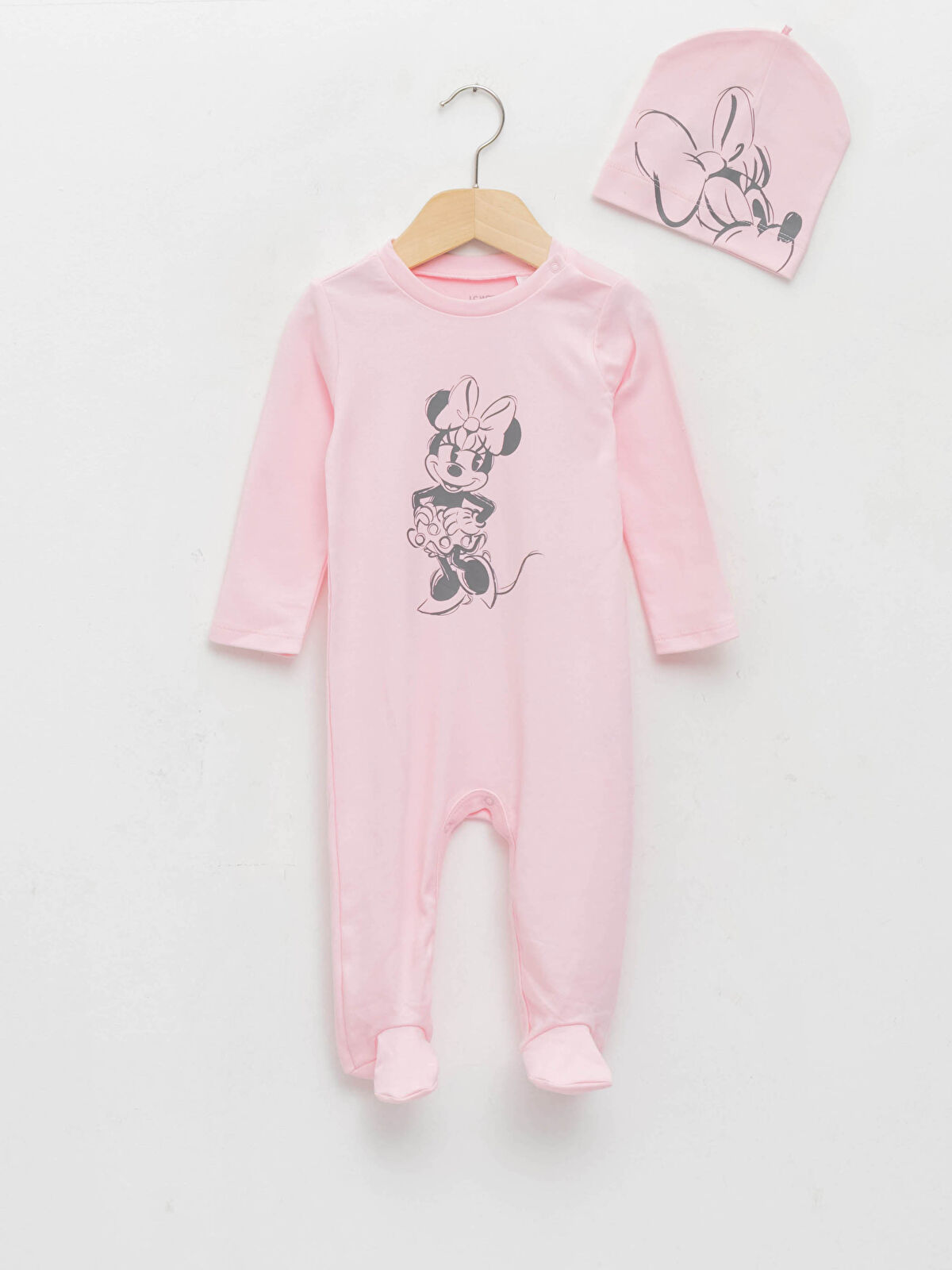 Bisiklet Yaka Uzun Kollu Minnie Mouse Baskılı Pamuklu Kız Bebek Tulum ve Bere 2'li