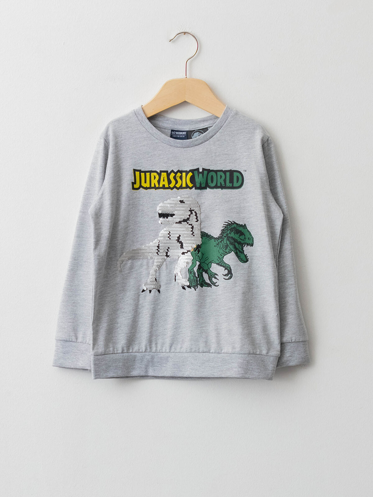 Bisiklet Yaka Jurassic World Baskılı Çift Yönlü Payetli Uzun Kollu Erkek Çocuk Tişört