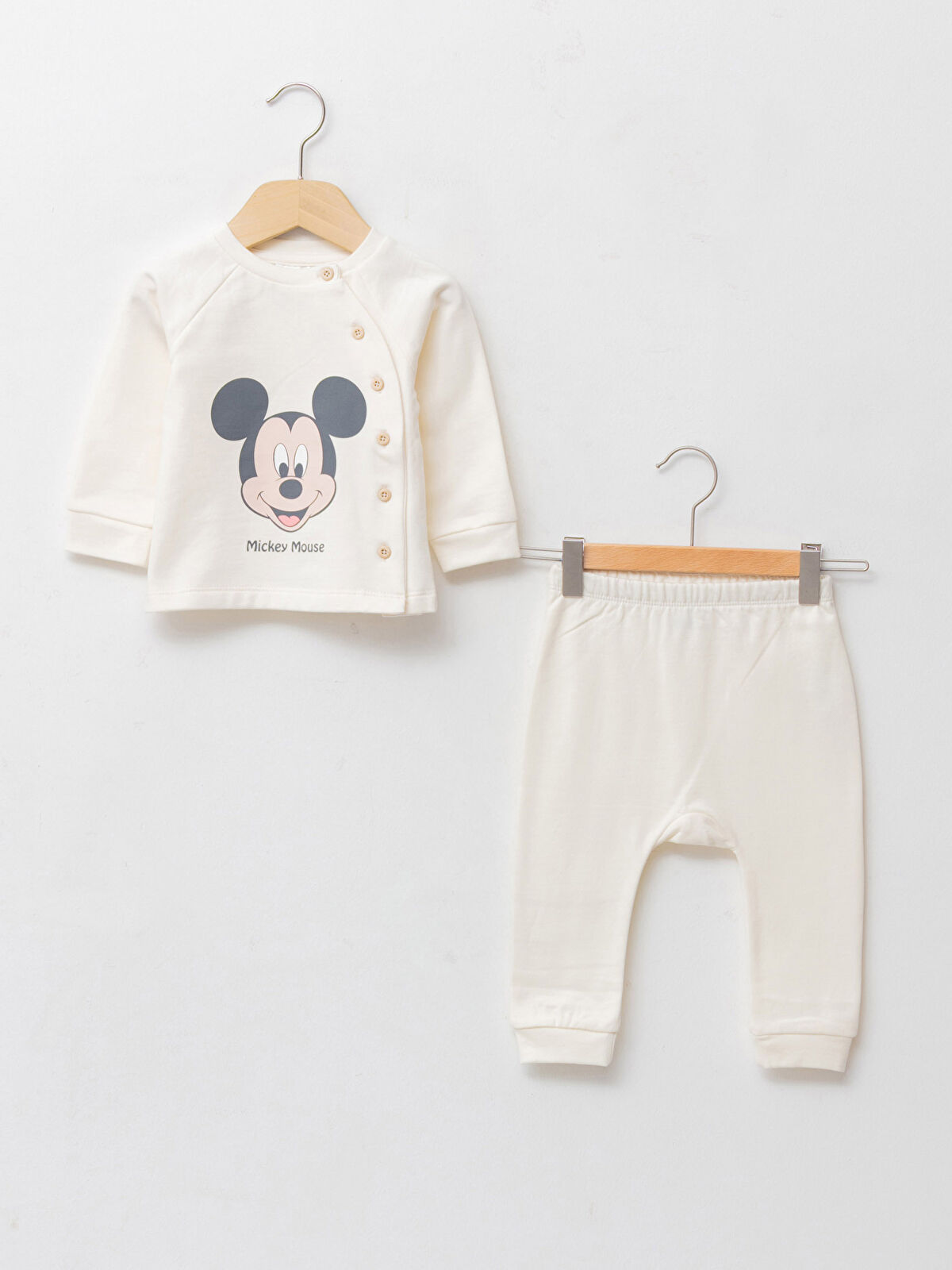 Bisiklet Yaka Uzun Kollu Mickey Mouse Baskılı Pamuklu Erkek Bebek Hırka ve Pantolon 2'li Takım