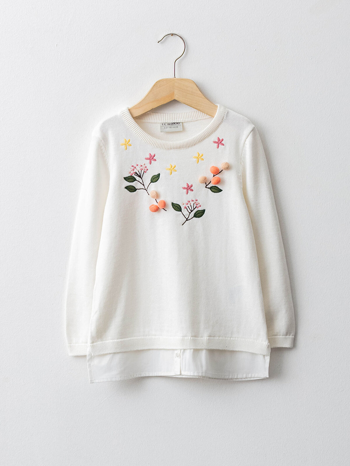 Bisiklet Yaka Nakışlı Uzun Kollu Kız Çocuk Triko Kazak