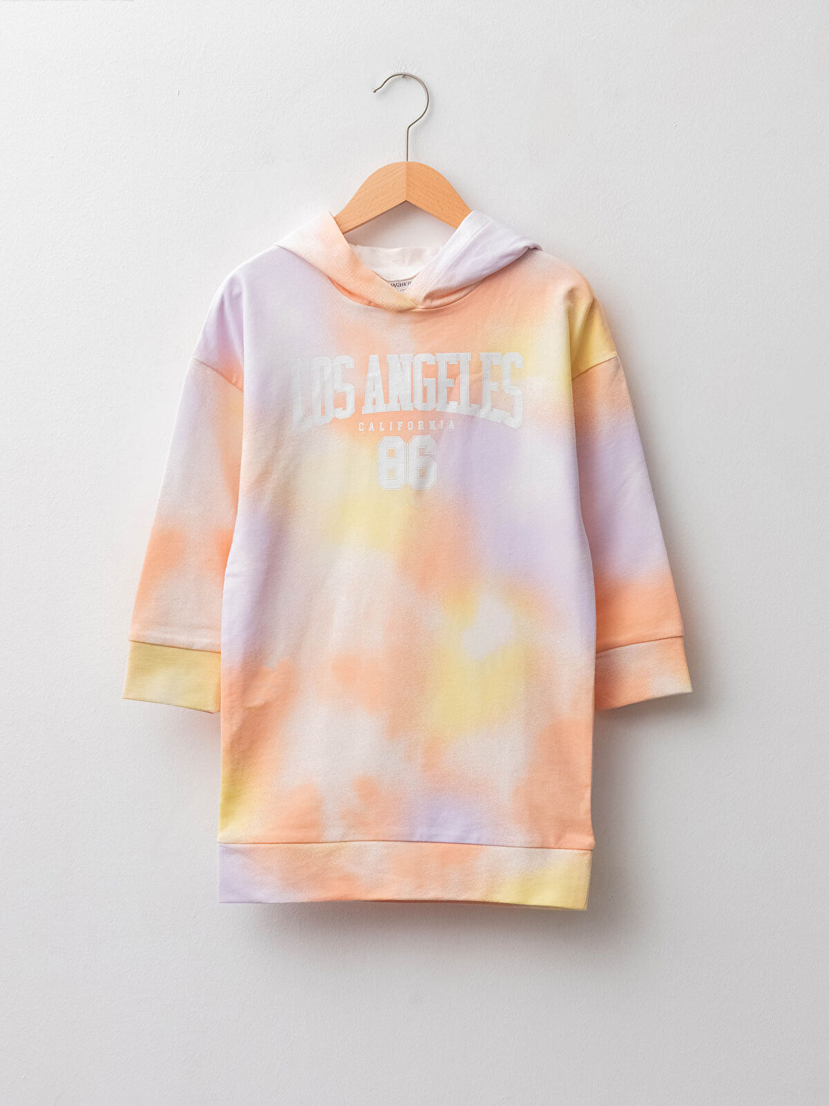 Kapüşonlu Baskılı Batik Desenli Uzun Kollu Kız Çocuk Elbise