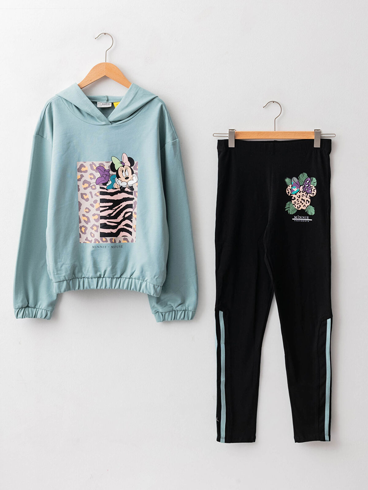 Kapüşonlu Minnie Mouse Baskılı Uzun Kollu Kız Çocuk Sweatshirt ve Tayt