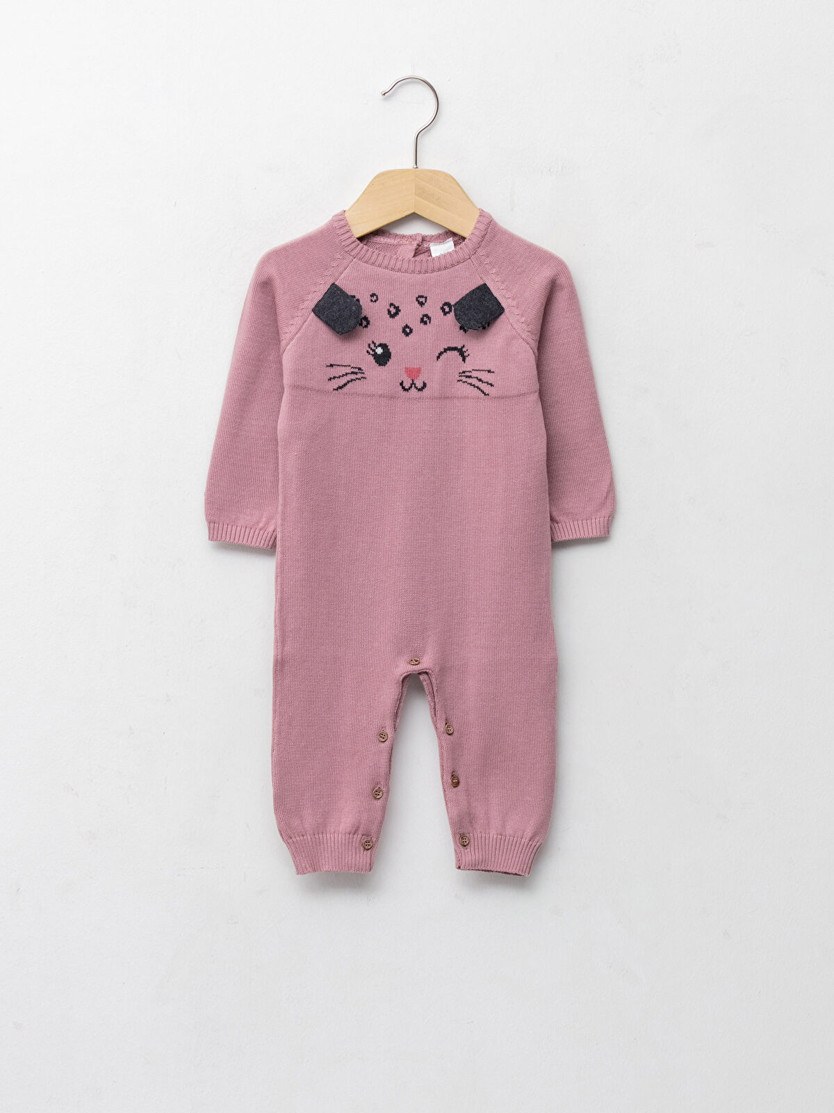 Bisiklet Yaka Uzun Kollu Baskılı Pamuklu Kız Bebek Triko Tulum