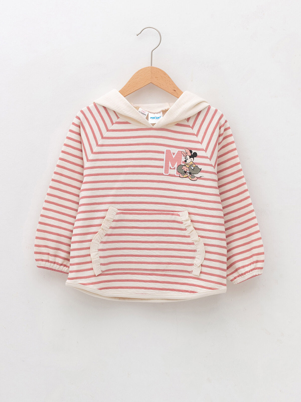 Kapüşonlu Uzun Kollu Çizgili Minnie Mouse Baskılı Kız Bebek Sweatshirt