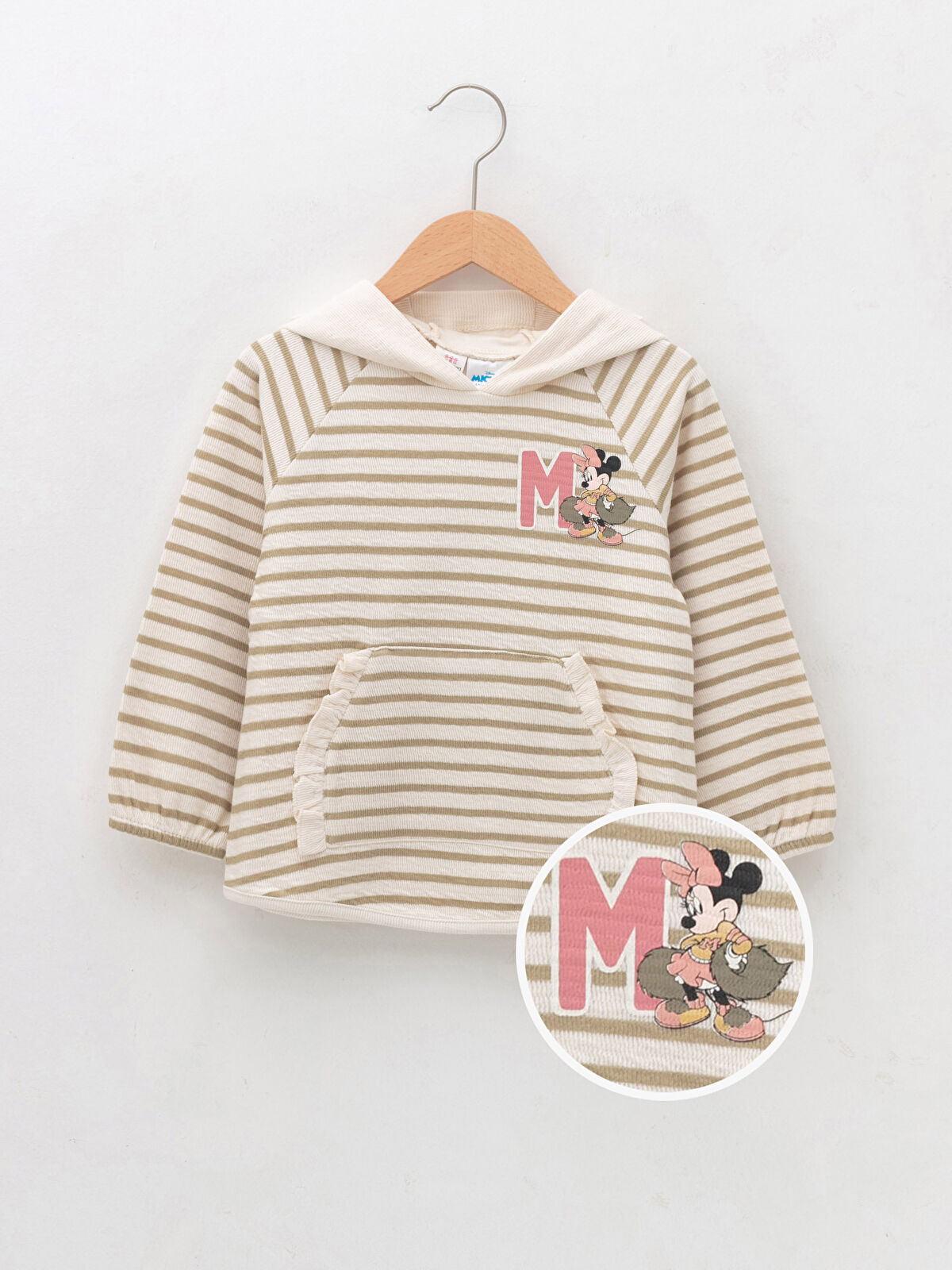 Kapüşonlu Uzun Kollu Çizgili Minnie Mouse Baskılı Kız Bebek Sweatshirt