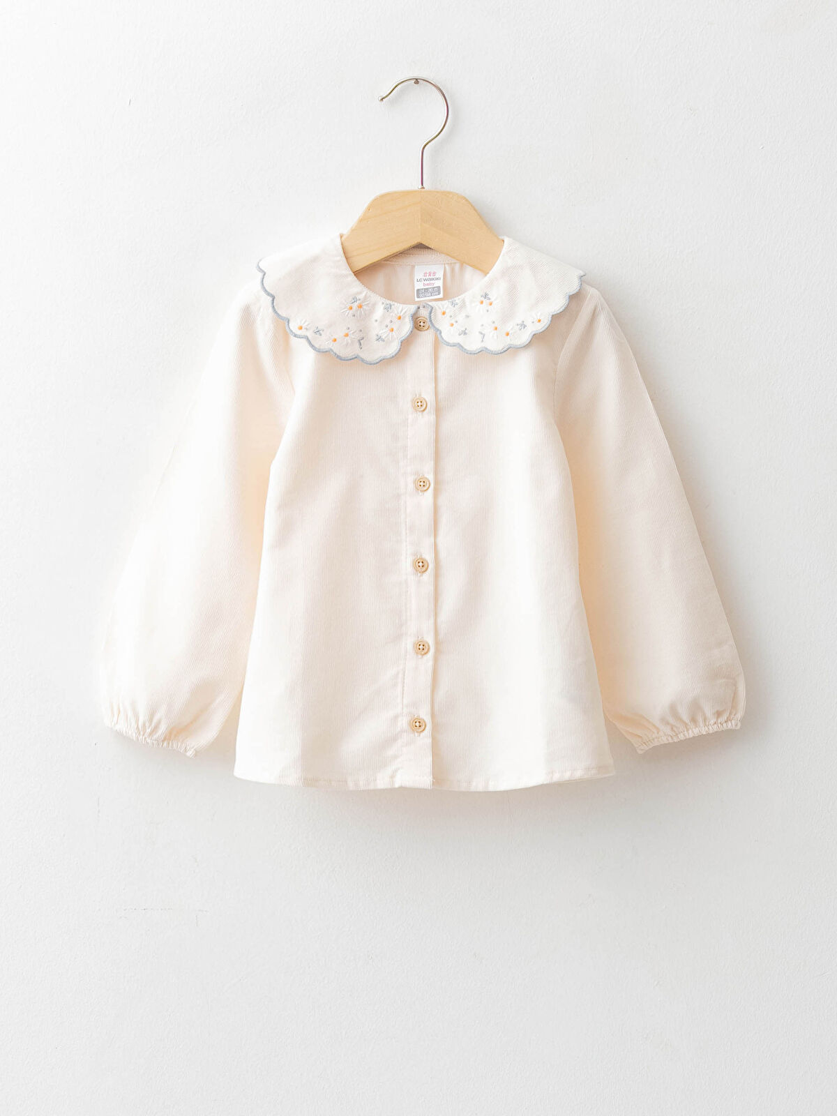 Bebe Yaka Uzun Kollu Nakış Detaylı Kadife Kız Bebek Gömlek