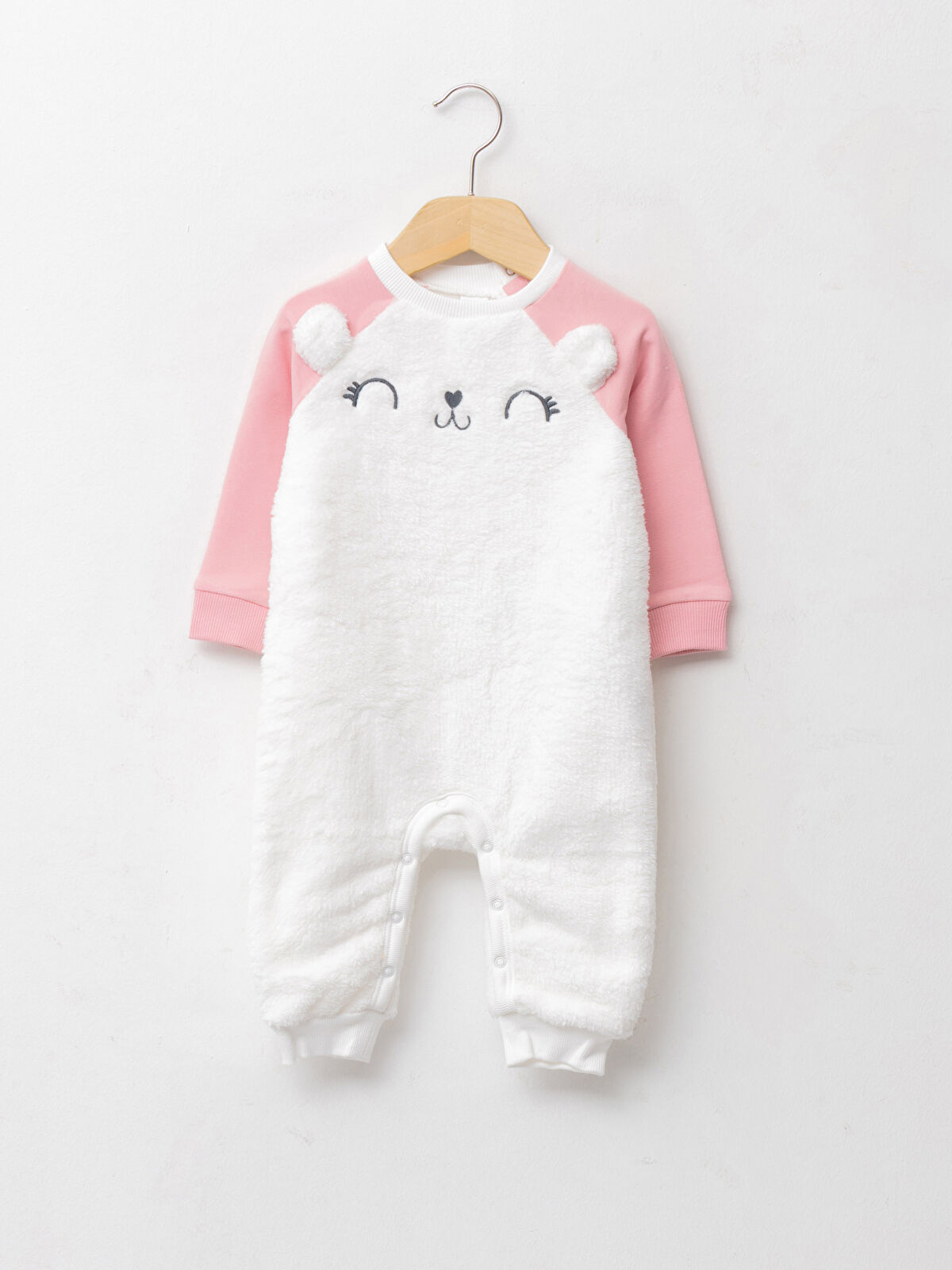 Bisiklet Yaka Uzun Kollu Nakış Detaylı Pelüş Kız Bebek Tulum