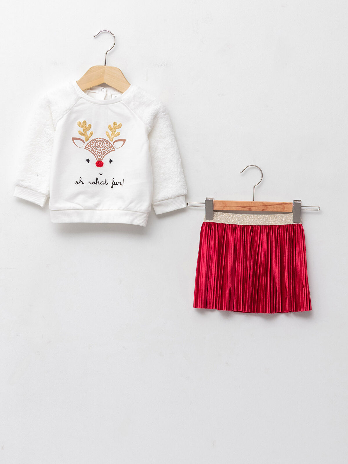 Bisiklet Yaka Uzun Kollu Baskılı Kız Bebek Tişört ve Etek 2'li Takım