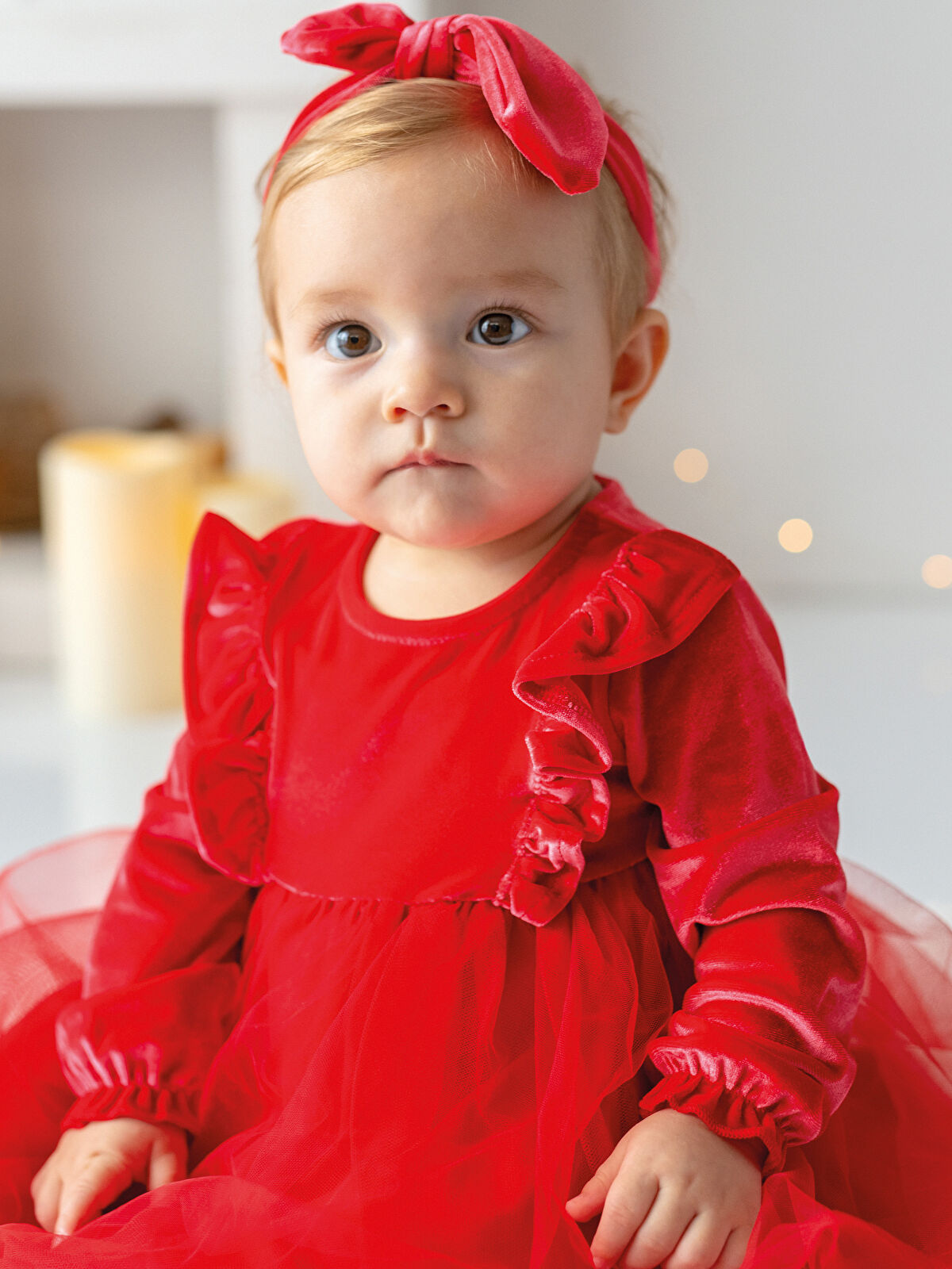 Bisiklet Yaka Uzun Kollu Kadife Kız Bebek Tül Etekli Elbise ve Saç Bandı 2'li Takım