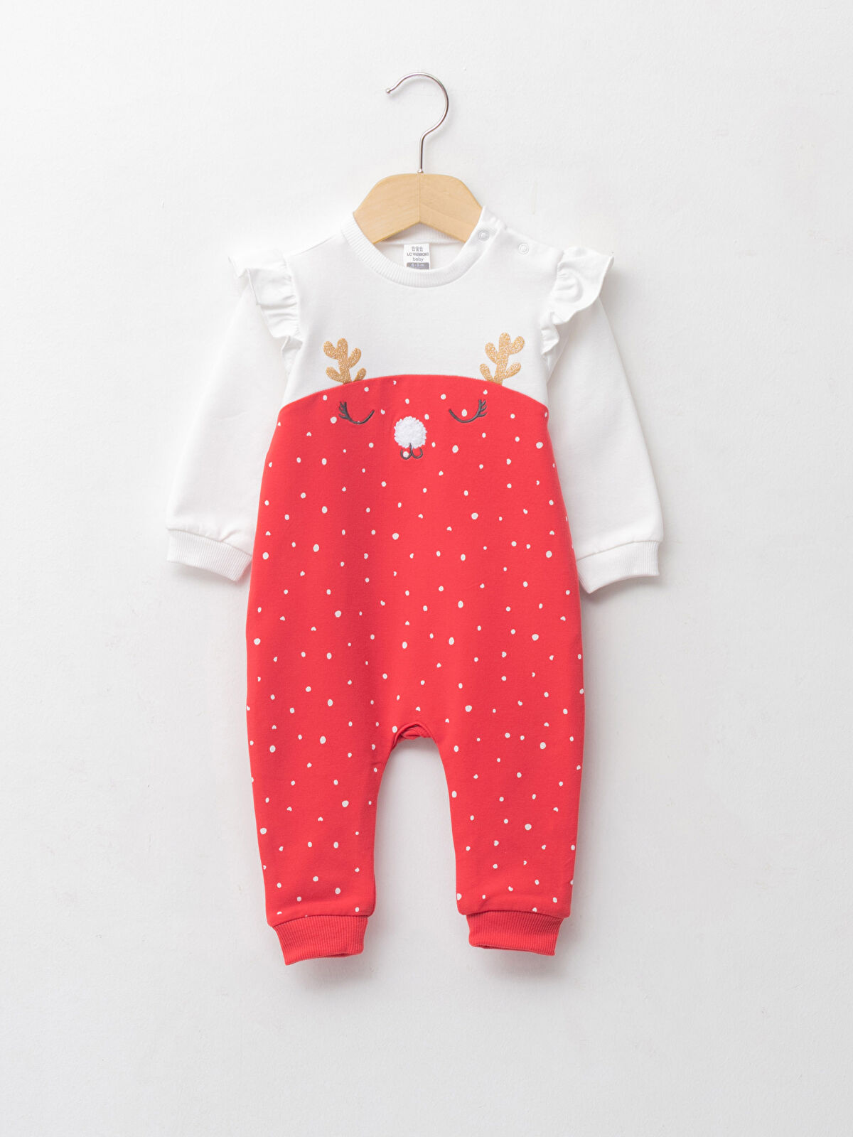 Bisiklet Yaka Uzun Kollu Yılbaşı Temalı Pamuklu Kız Bebek Tulum