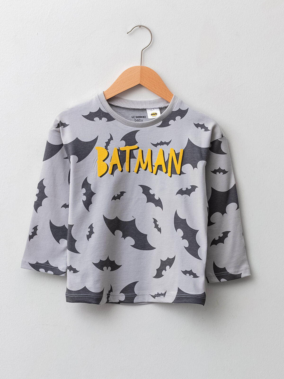 Bisiklet Yaka Uzun Kollu Batman Baskılı Pamuklu Erkek Bebek Tişört