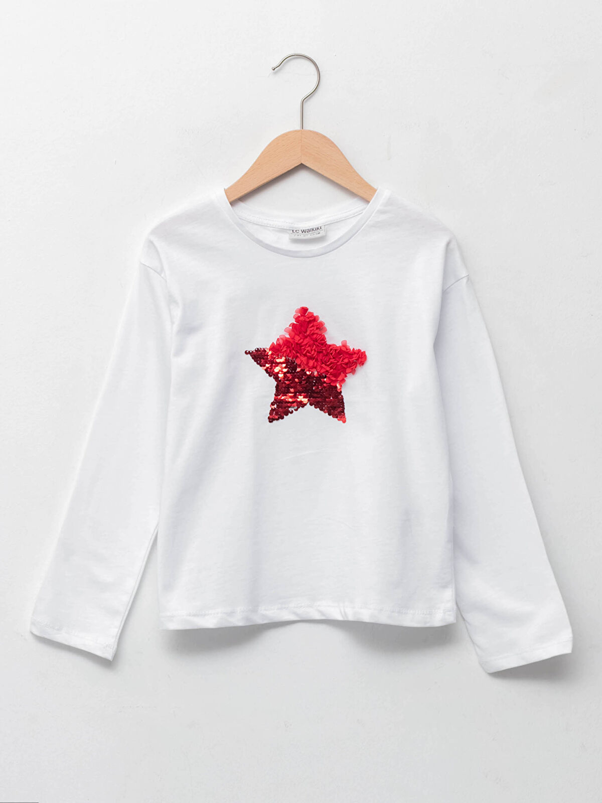 Bisiklet Yaka Çift Yönlü Payetli Uzun Kollu Kız Çocuk Tişört