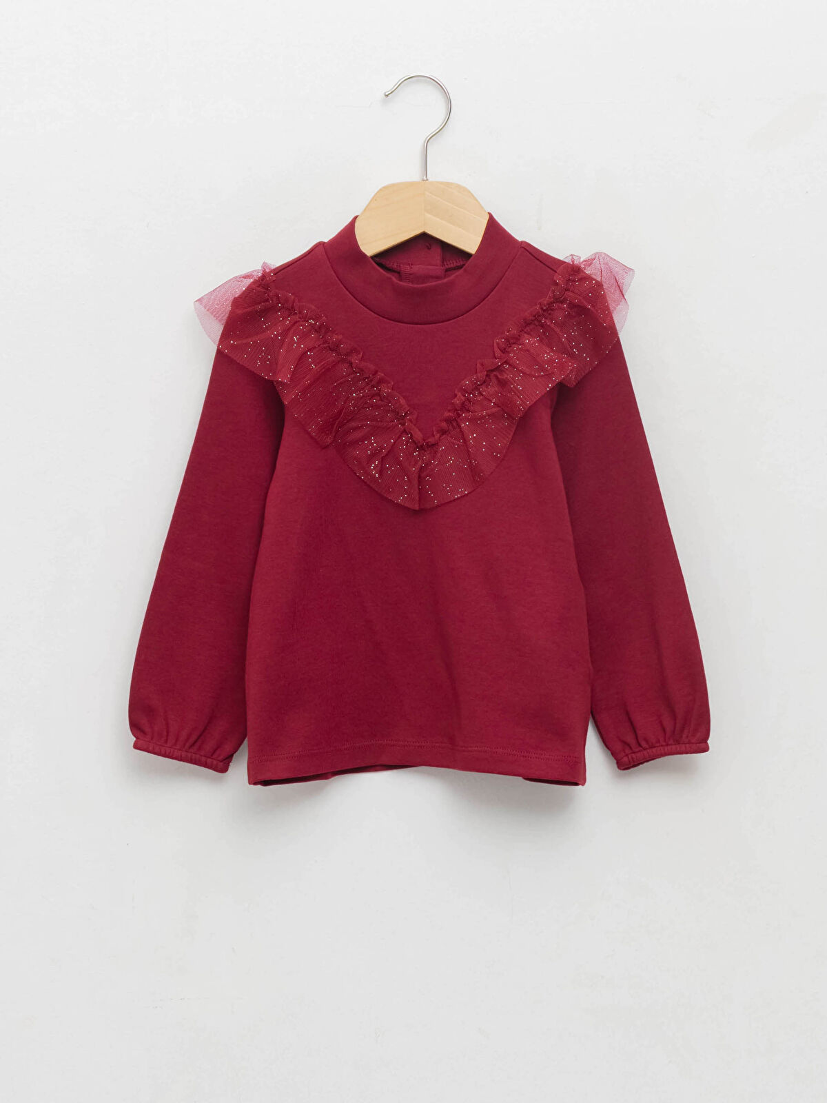 Yarım Balıkçı Yaka Uzun Kollu Tül Detaylı Kız Bebek Tişört