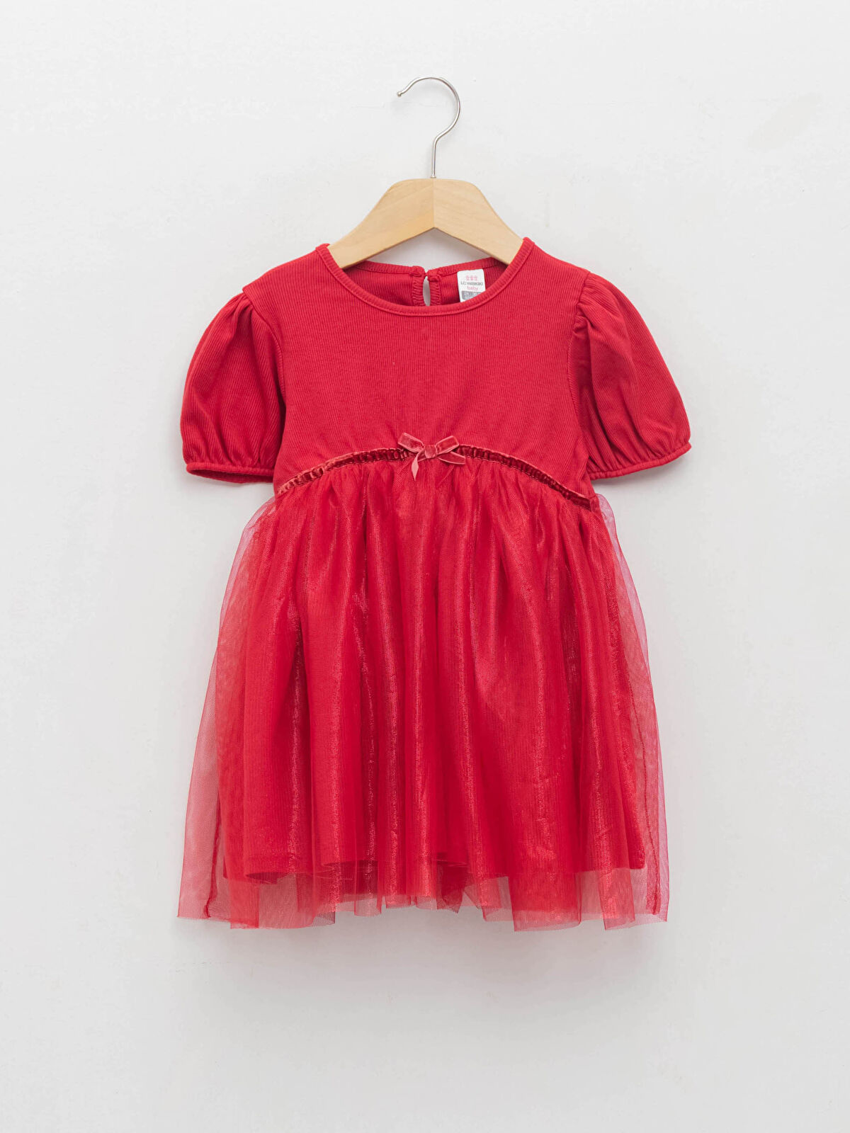 Bisiklet Yaka Kısa Kollu Tül Etekli Kız Bebek Elbise