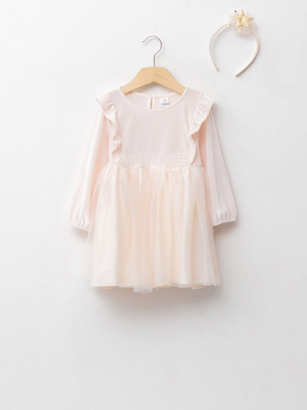 Bisiklet Yaka Uzun Kollu Basic Kadife Kız Bebek Elbise ve Taç 2'li Takım