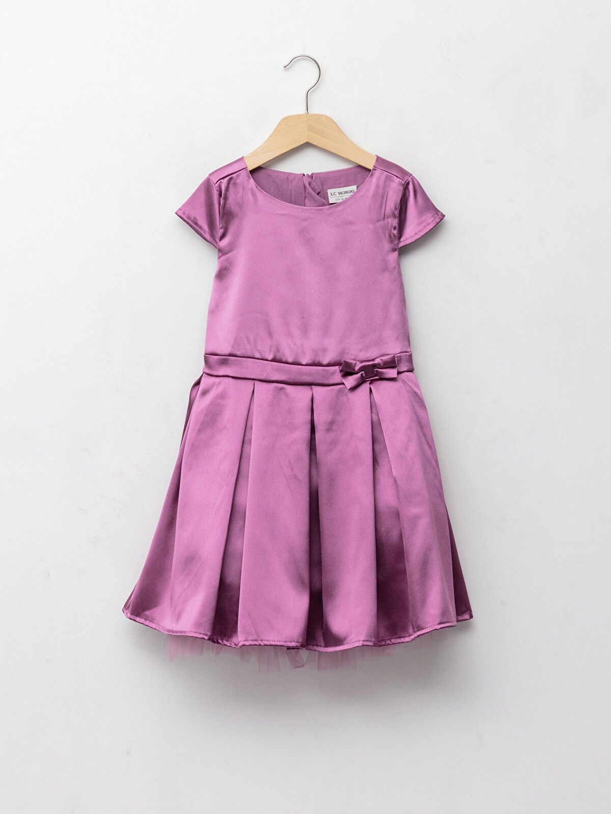 Bisiklet Yaka Fiyonk Detaylı Kısa Kollu Kız Çocuk Elbise