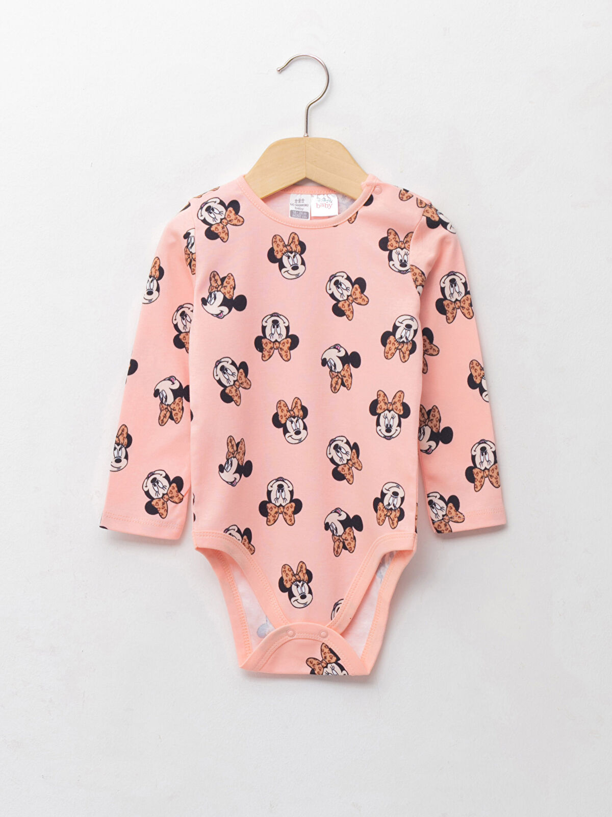 Bisiklet Yaka Uzun Kollu Minnie Mouse Baskılı Kız Bebek Çıtçıtlı Body