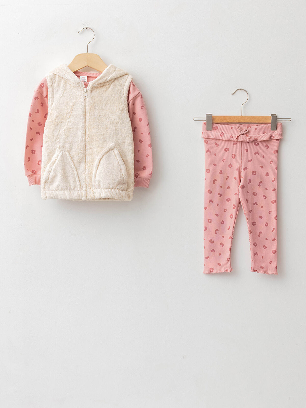 Baskılı Kız Bebek Fermuarlı Yelek Sweatshirt ve Tayt 3'lü Takım