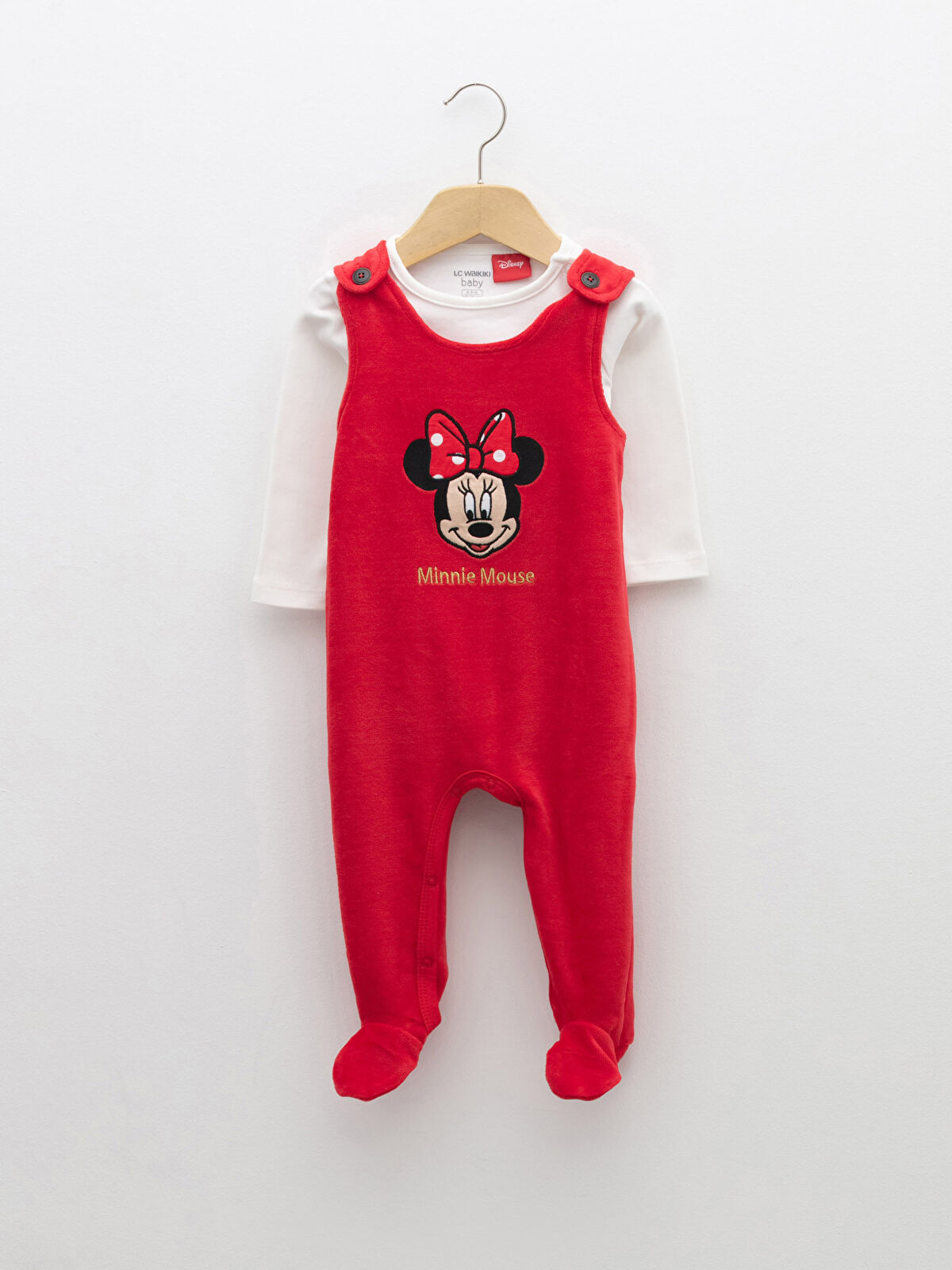 Minnie Mouse Nakışlı Kadife Kız Bebek Çıtçıtlı Body ve Salopet 2'li Takım