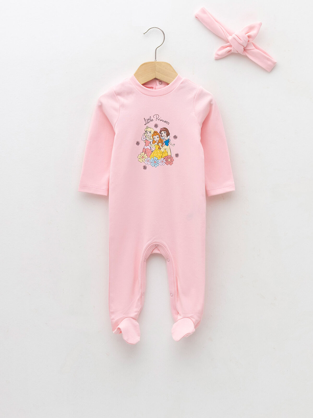 Bisiklet Yaka Uzun Kollu Princess Baskılı Pamuklu Kız Bebek Tulum ve Saç Bandı 2'li Takım