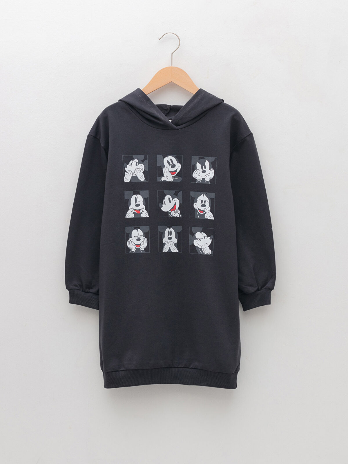 Kapüşonlu Mickey Mouse Baskılı Uzun Kollu Kız Çocuk Elbise