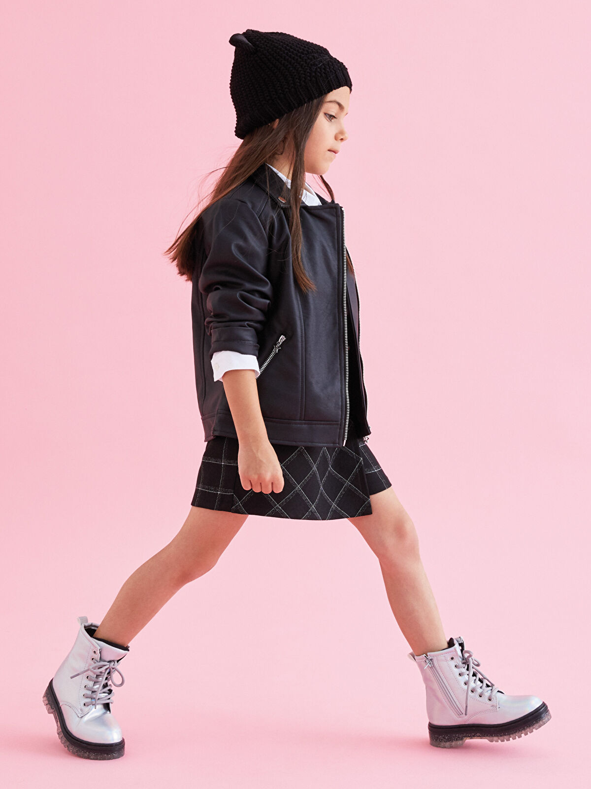 Ekose Desenli Gabardin Kız Çocuk Şort Etek