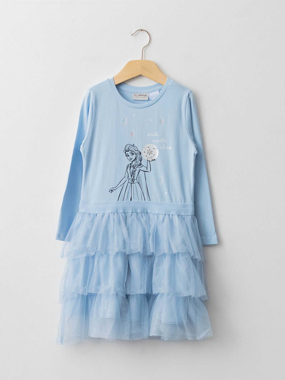 Bisiklet Yaka Elsa Baskılı Uzun Kollu Kız Çocuk Elbise