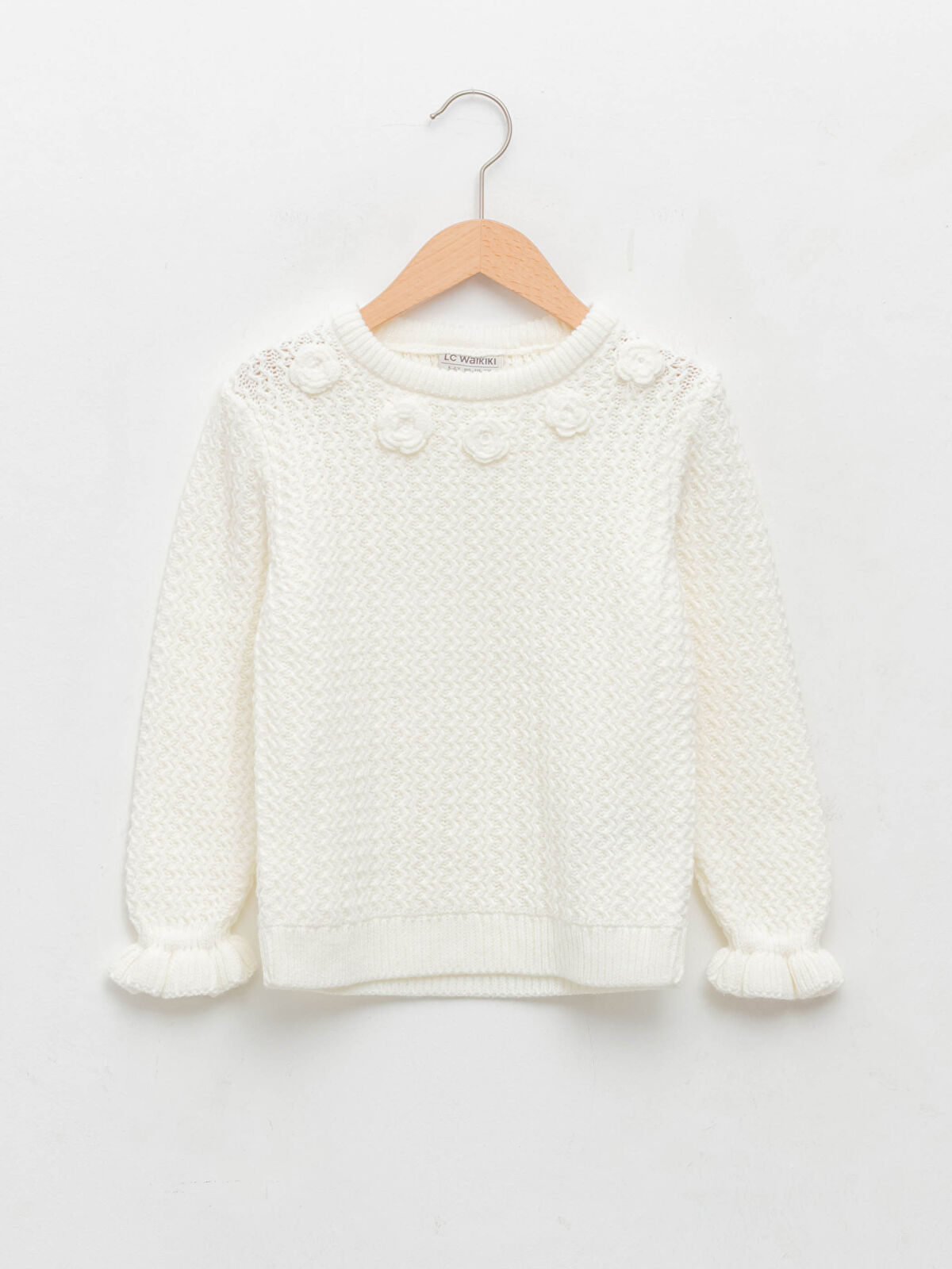 Bisiklet Yaka Çiçek Aplikeli Uzun Kollu Kız Çocuk Triko Kazak