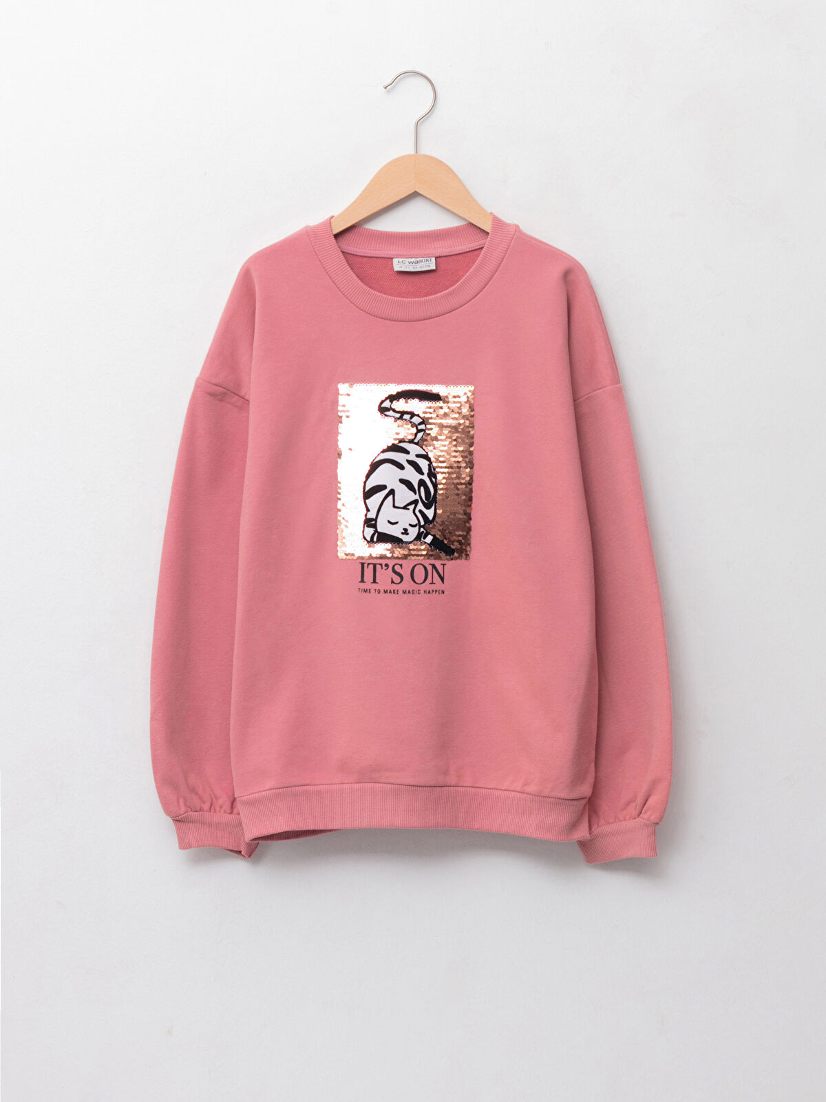 Bisiklet Yaka Baskılı Çift Yönlü Payetli Uzun Kollu Kız Çocuk Sweatshirt