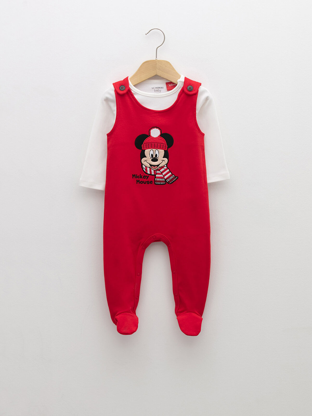 Bisiklet Yaka Uzun Kollu Mickey Mouse Nakışlı Erkek Bebek Çıtçıtlı Body ve Salopet 2'li Takım