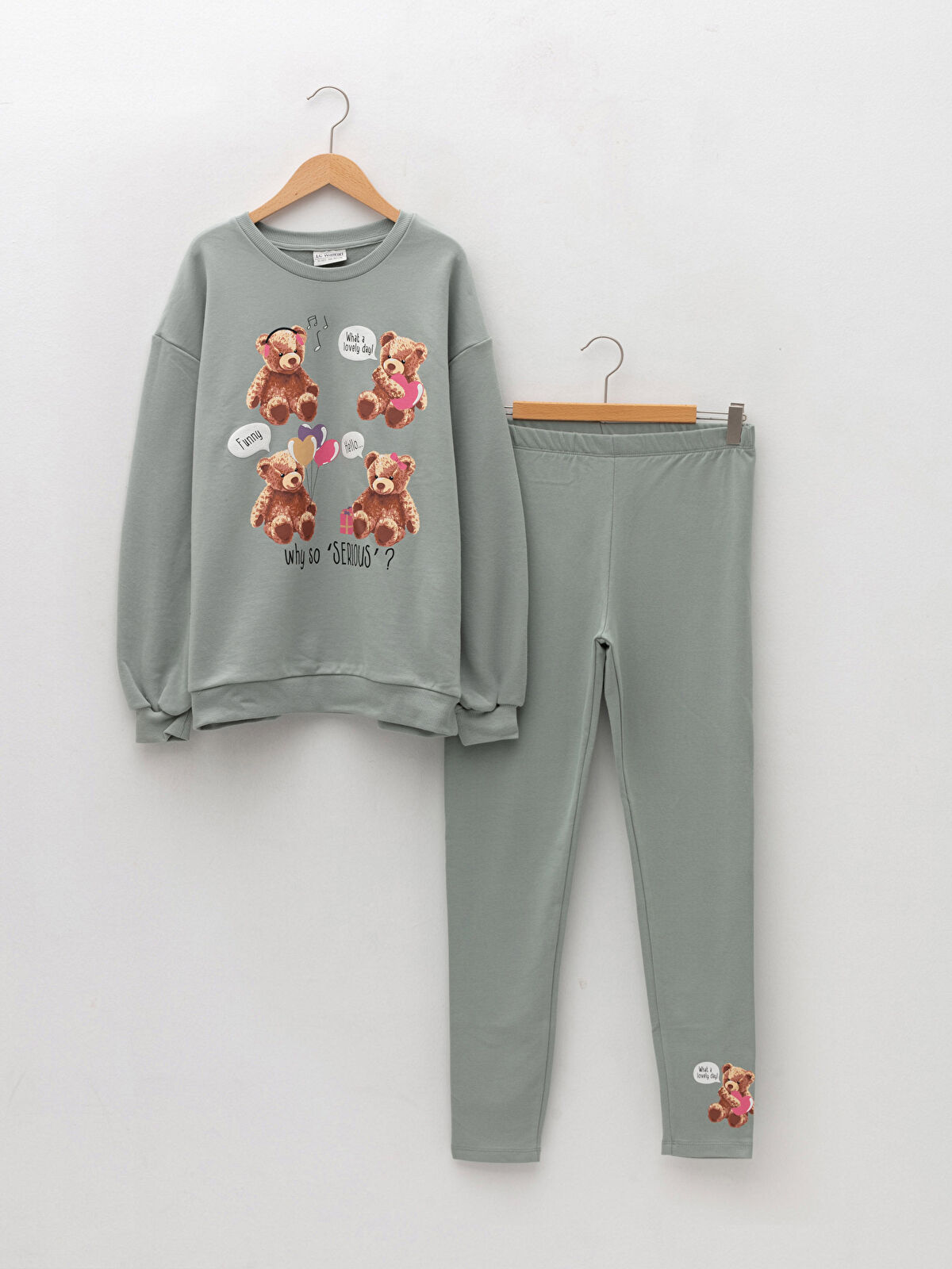 Bisiklet Yaka Baskılı Uzun Kollu Oversize Kız Çocuk Sweatshirt ve Tayt