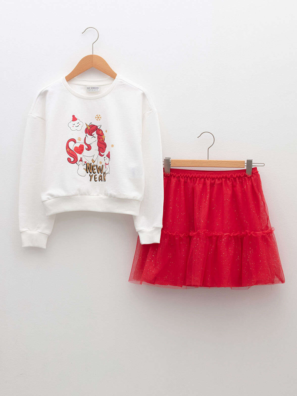 Bisiklet Yaka Yılbaşı Temalı Uzun Kollu Kız Çocuk Sweatshirt ve Etek