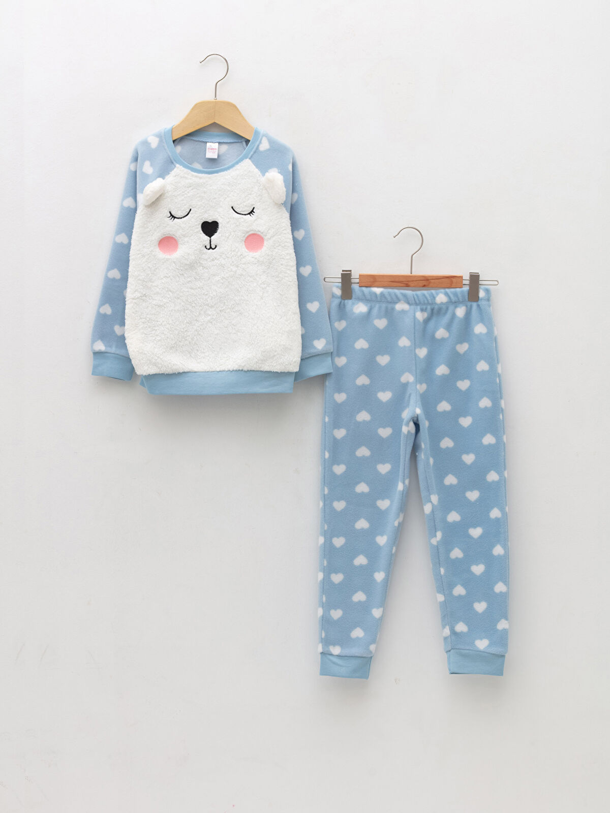 Bisiklet Yaka Nakış Detaylı Uzun Kollu Polar Kız Çocuk Pijama Takımı