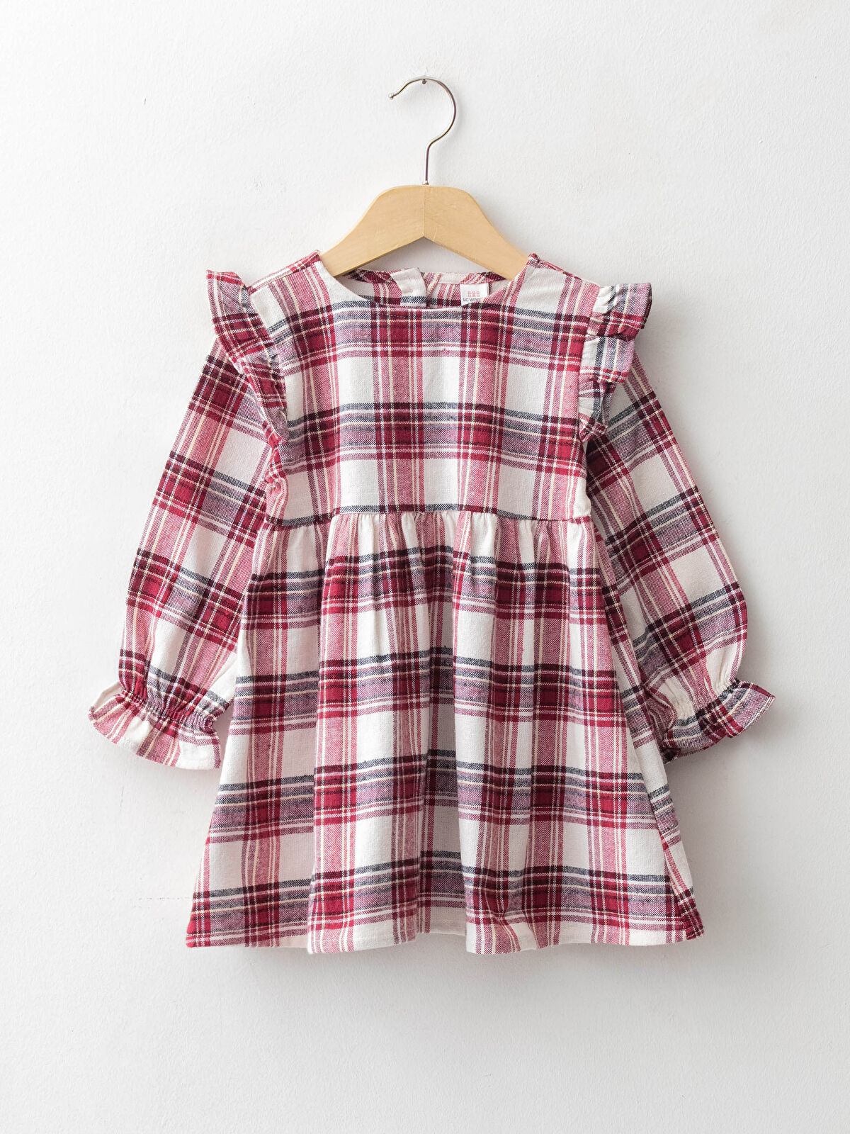 Bisiklet Yaka Uzun Kollu Ekose Desenli Pamuklu Kız Bebek Elbise