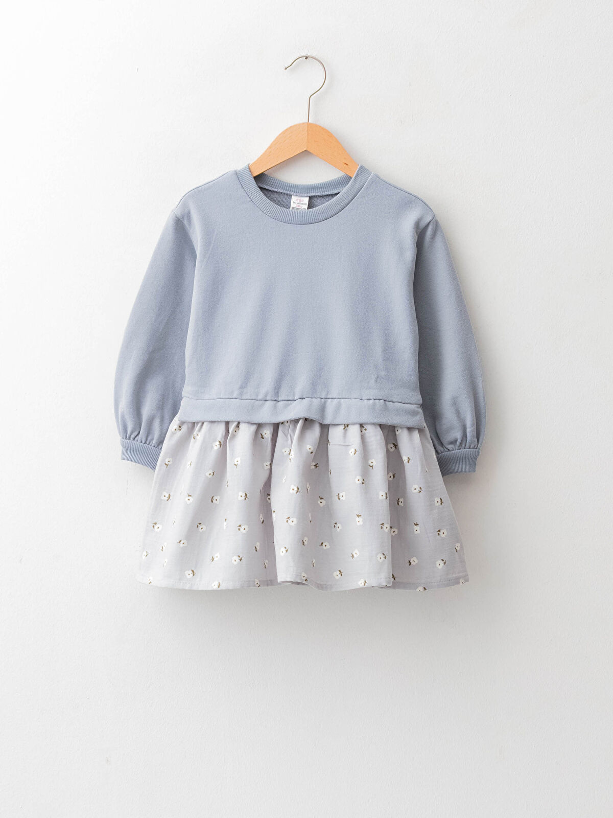 Çicek Baskılı Bisiklet Yaka Uzun Kollu Pamuklu Kız Bebek Elbise