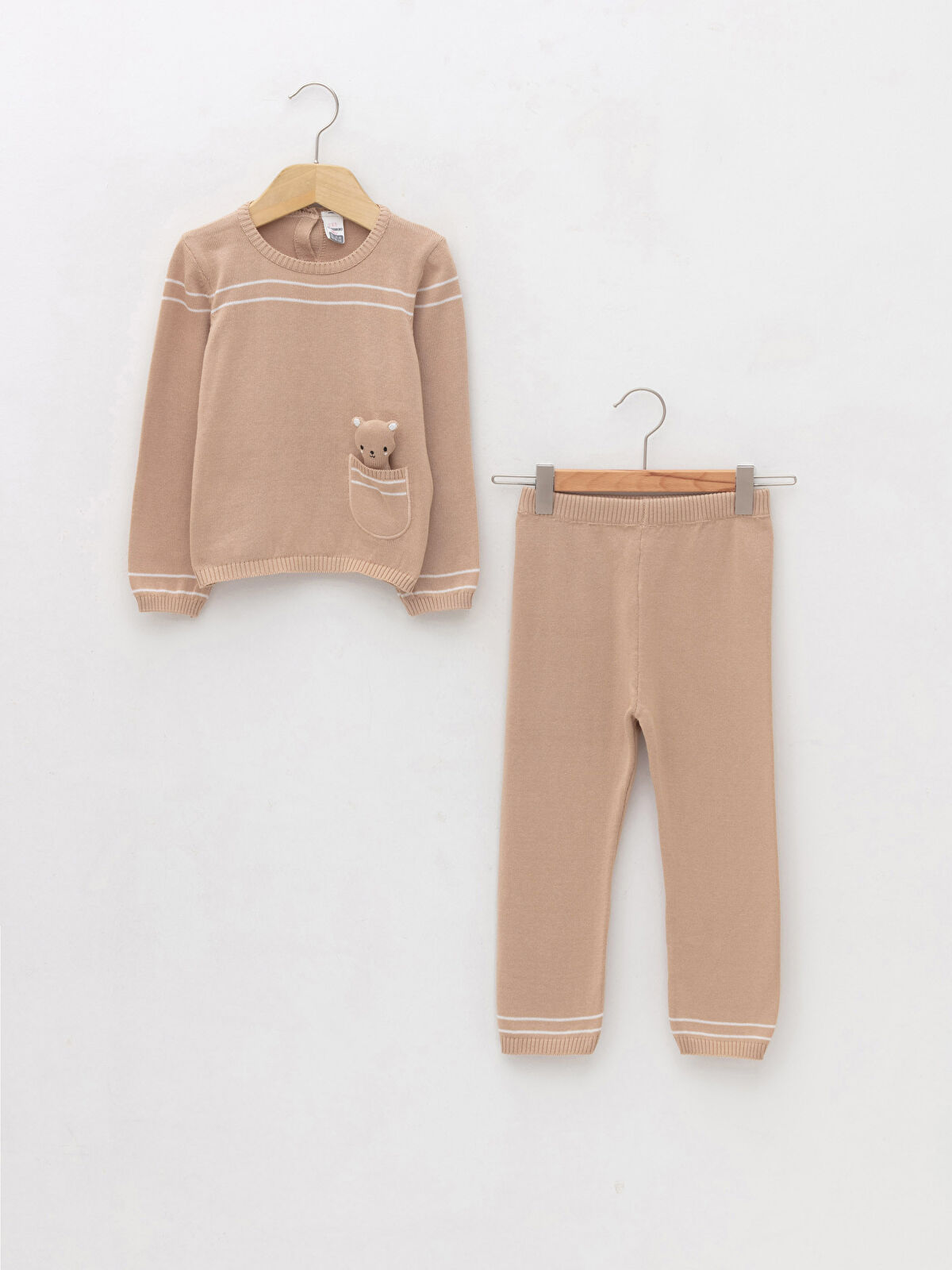 Bisiklet Yaka Uzun Kollu Çizgili Kız Bebek Triko Kazak ve Pantolon 2'li Takım