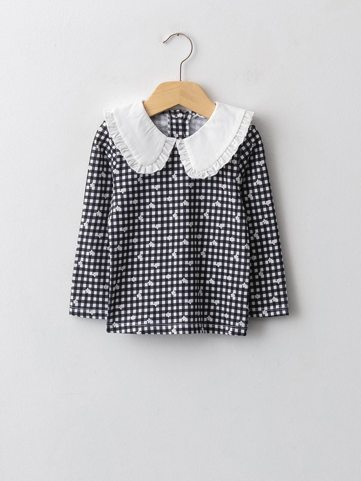 Bebe Yaka Uzun Kollu Desenli Pamuklu Kız Bebek Tişört