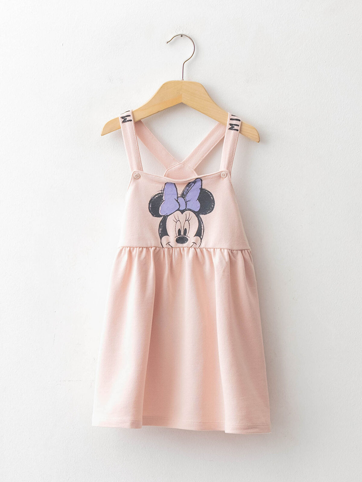 Kare Yaka Askılı Minnie Mouse Baskılı Pamuklu Kız Bebek Elbise