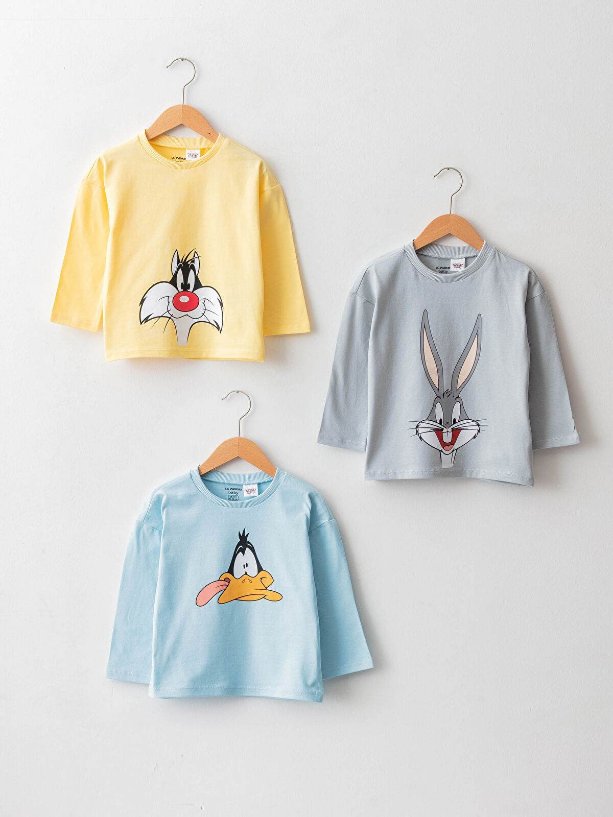 Bisiklet Yaka Uzun Kollu Looney Tunes Baskılı Erkek Bebek Tişört 3'lü
