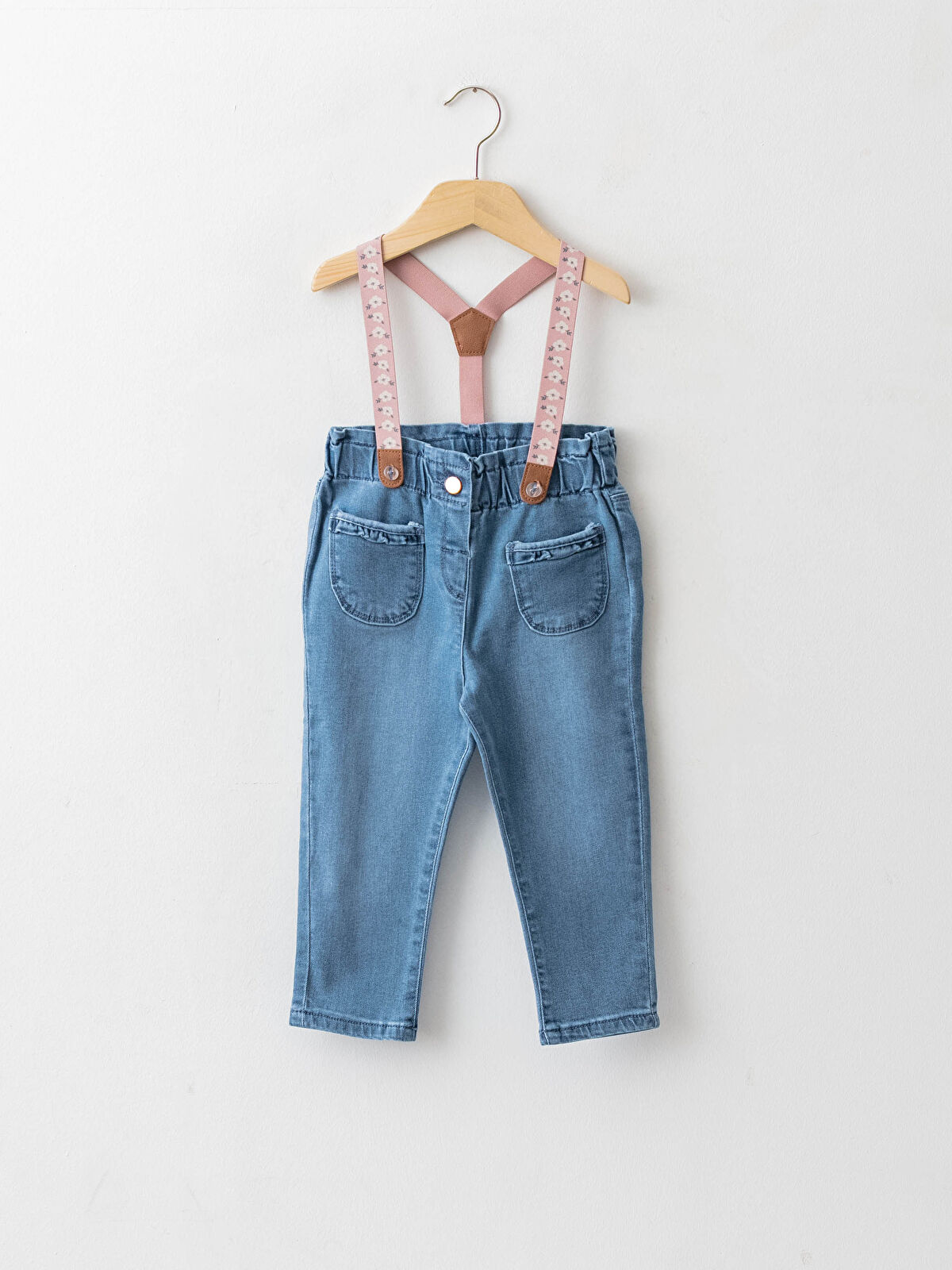 Beli Lastikli Basic Kız Bebek Jean Pantolon ve Pantolon Askısı 2'li Takım