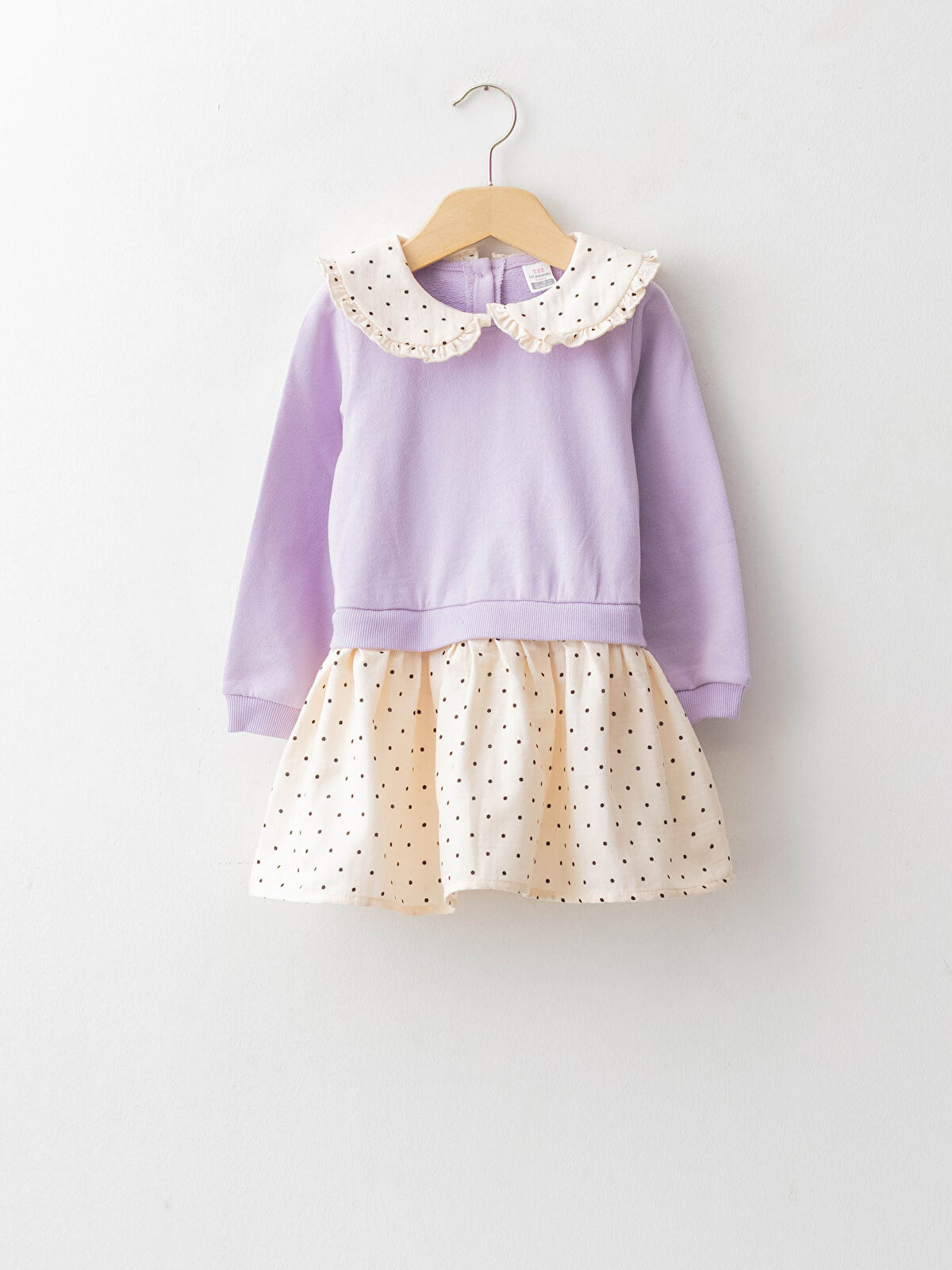 Bebe Yaka Uzun Kollu Puantiye Desenli Pamuklu Kız Bebek Elbise