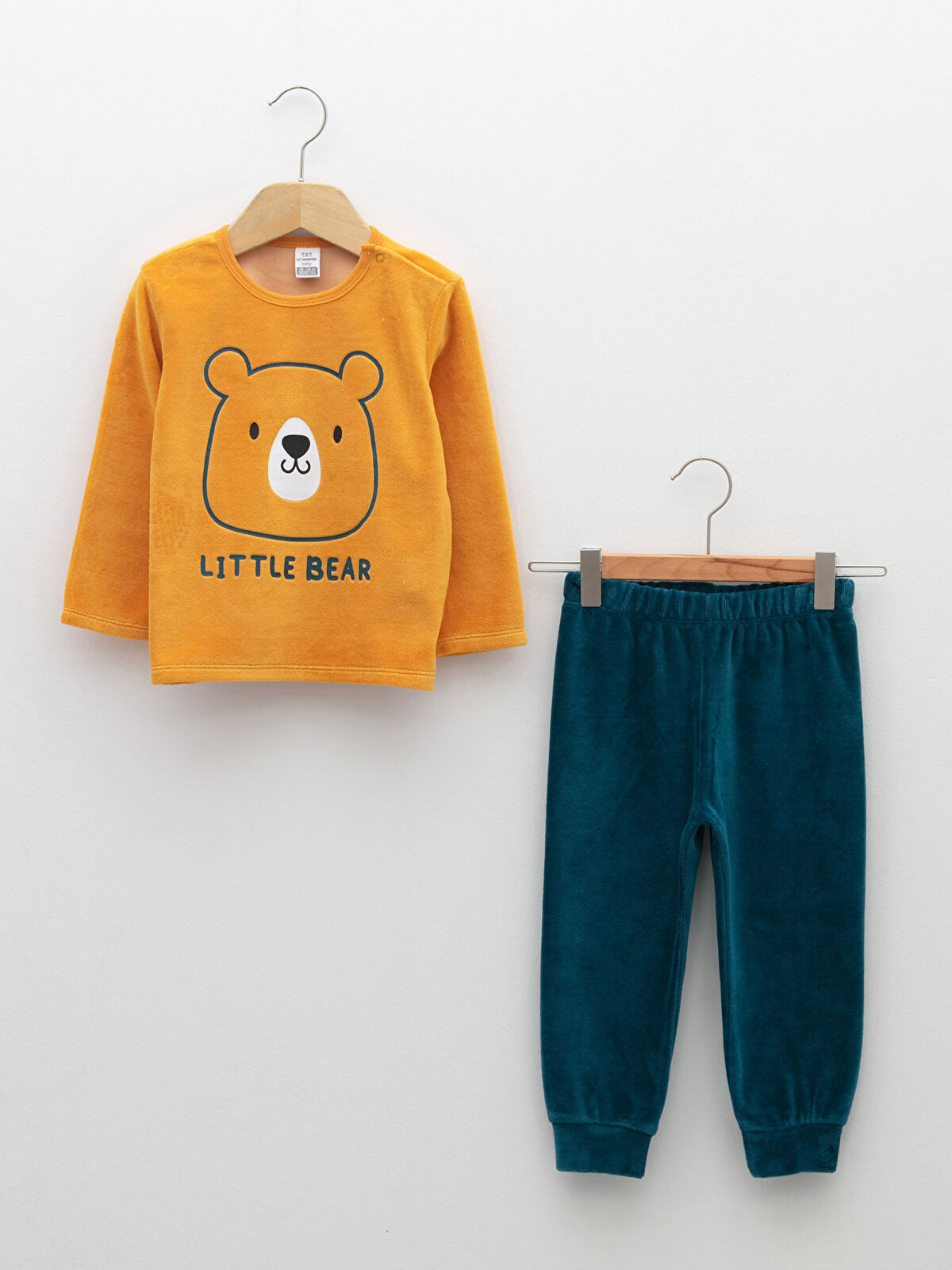 Bisiklet Yaka Uzun Kollu Kadife Erkek Bebek Pijama Takımı